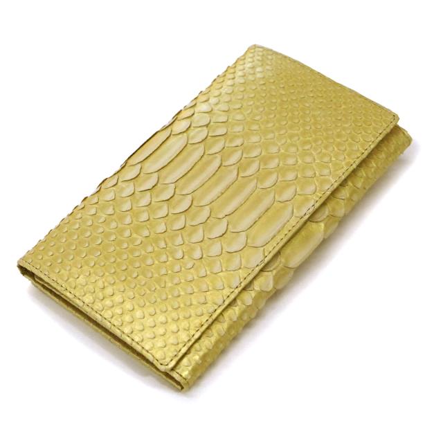 三つ折り財布 パイソン 財布 長財布 マチなし 薄型 ファスナー収納 パスポート 本革 ヘビ革 蛇革 パイソン革 ゼブラ ゴールド