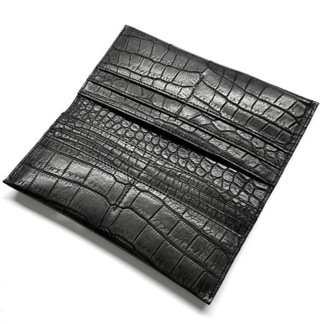 長財布 メンズ レディース 小銭入れなし マチなし スリム 薄い 薄型 本革 クロコダイル 墨黒