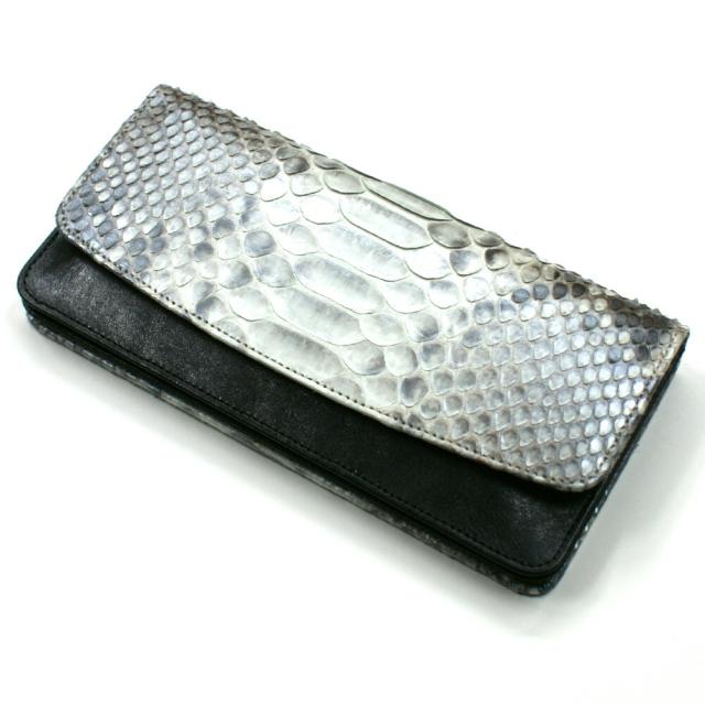 長財布 パイソン 財布 長札 メンズ レディース ヘビ革 蛇革 レザー 牛革 Wホック留め ジャバラ 小銭入れあり カード収納 ポケット収納 ハーフブリーチ シルバー