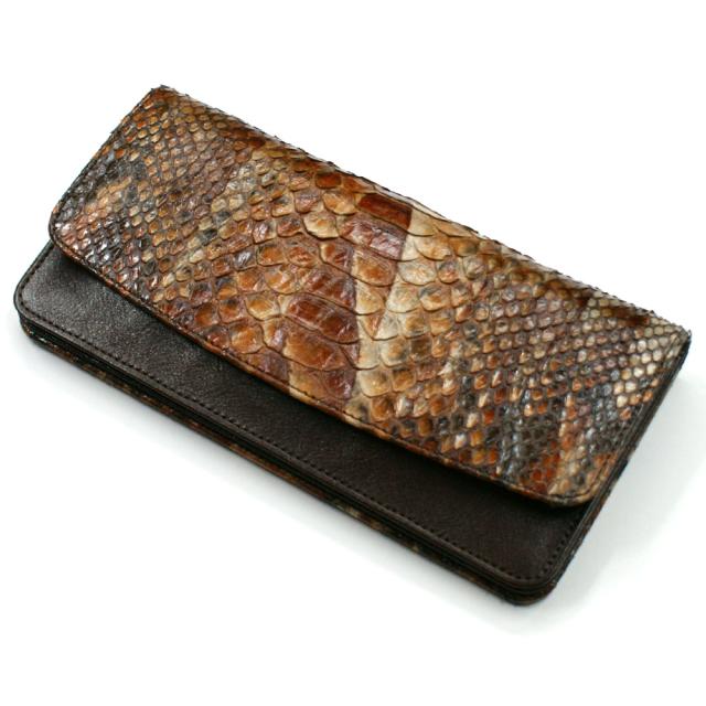 パイソン 長財布 財布 長札 メンズ レディース ヘビ革 蛇革 レザー 牛革 Wホック留め ジャバラ 小銭入れあり カード収納 ポケット収納 日本製 ハードシェード チョコ