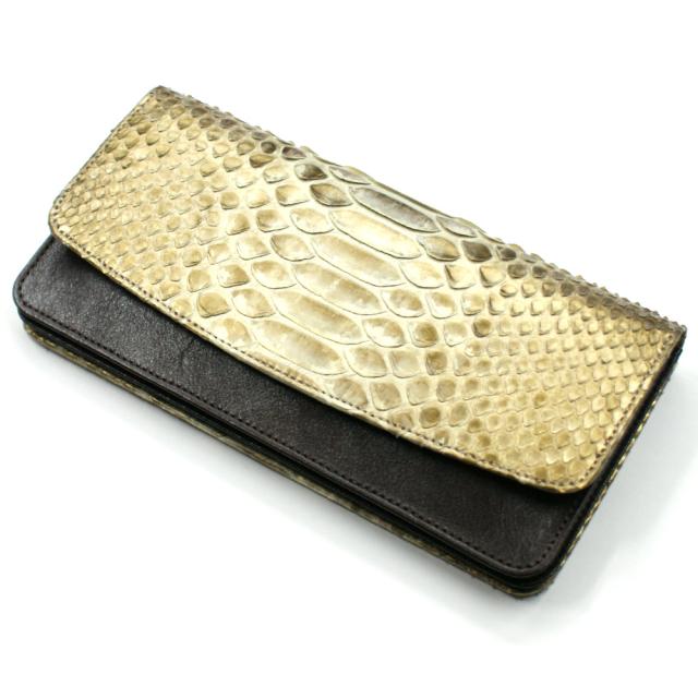 長財布 財布 長札 メンズ レディース ヘビ革 パイソン 蛇革 レザー 牛革 Wホック留め ジャバラ 小銭入れあり カード収納 ポケット収納 パールゴールド