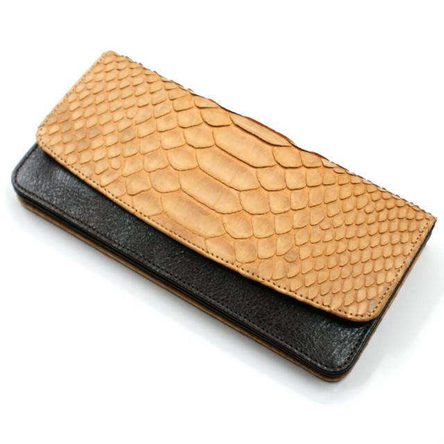 長財布 パイソン 財布 長札 メンズ レディース ヘビ革 蛇革 レザー 牛革 Wホック留め ジャバラ 小銭入れあり カード収納 ポケット収納 ハーフブリーチ オレンジ