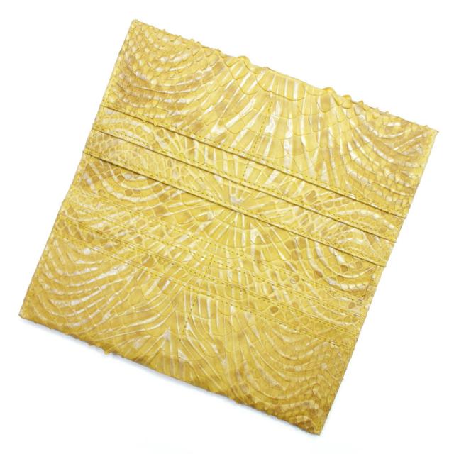 長財布 本革 パイソン 財布 サイフ メンズ レディース 薄型 束入 長札 蛇革 ヘビ革 レザー マチ無し 小銭入れ無し 日本製 本革長財布 日本製 柄 ウェーブ風型押し仕上げ イエロー