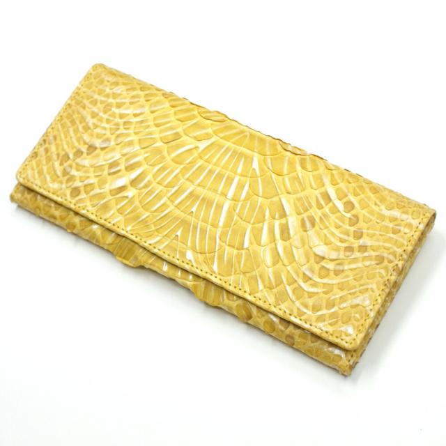 長財布 パイソン 財布 メンズ レディース 笹マチ型 小銭入れあり 無双仕様 長札 ロング ウォレット へび革 パイソン革 蛇革 本革財布 日本製 柄 ウェーブ柄 イエロー