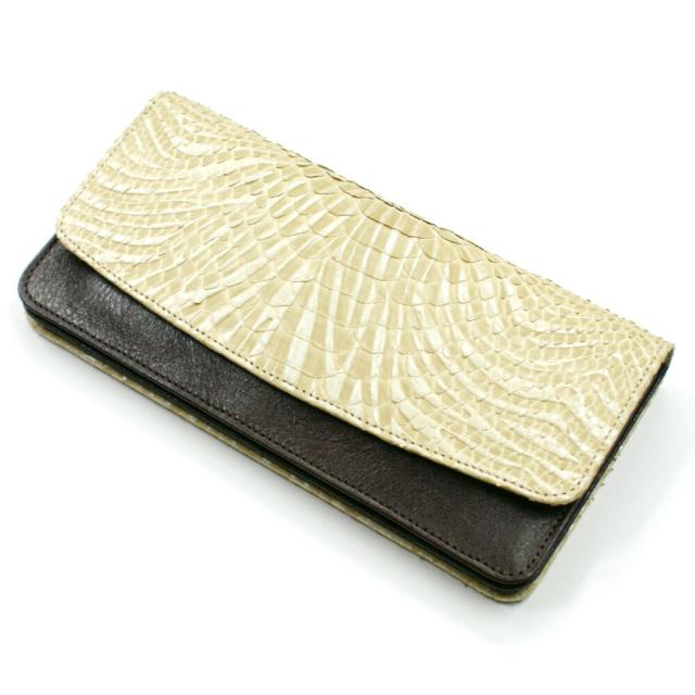 長財布 本革 財布 レディース財布 メンズ財布 パイソン 蛇革 ヘビ革 レザー 牛革 Wホック留め ジャバラ 小銭入れあり カード収納 ポケット収納 長札 レザー財布 本革長財布 日本製 ウェーブ ベージュ