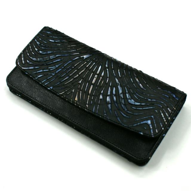 長財布 本革 財布 レディース財布 メンズ財布 ヘビ革 パイソン 蛇革 レザー 牛革 Wホック留め ジャバラ 小銭入れあり カード収納 ポケット収納 長札 レザー財布 本革長財布 日本製 ウェーブ  ブラック