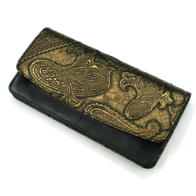 長財布 本革 パイソン 財布 レディース財布 メンズ財布 ヘビ革 蛇革 レザー 牛革 Wホック留め ジャバラ 小銭入れあり カード収納 ポケット収納 長札 レザー財布 本革長財布 日本製 ペイズリー柄 ダークイエロー