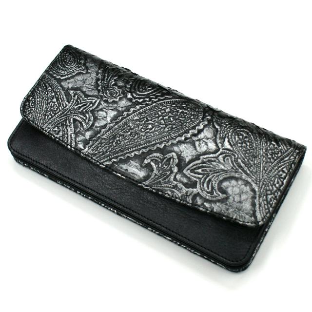 長財布 本革 パイソン 財布 レディース財布 メンズ財布 ヘビ革 蛇革 レザー 牛革 Wホック留め ジャバラ 小銭入れあり カード収納 ポケット収納 長札 レザー財布 本革長財布 日本製 ペイズリー柄 シルバー