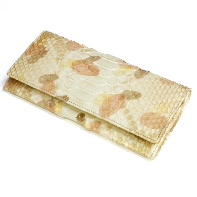 長財布 パイソン 財布 メンズ レディース 財布 笹マチ型 小銭入れあり 長札 ロング ウォレット へび革 パイソン革 蛇革 本革財布 日本製 手染め ブルック ピンク