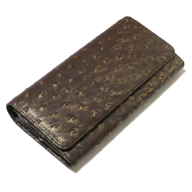 がま口 長財布 かぶせ型 がま口財布 ガマ口 財布 本革 駝鳥革 オーストリッチ革 ラグジュアリー チョコ