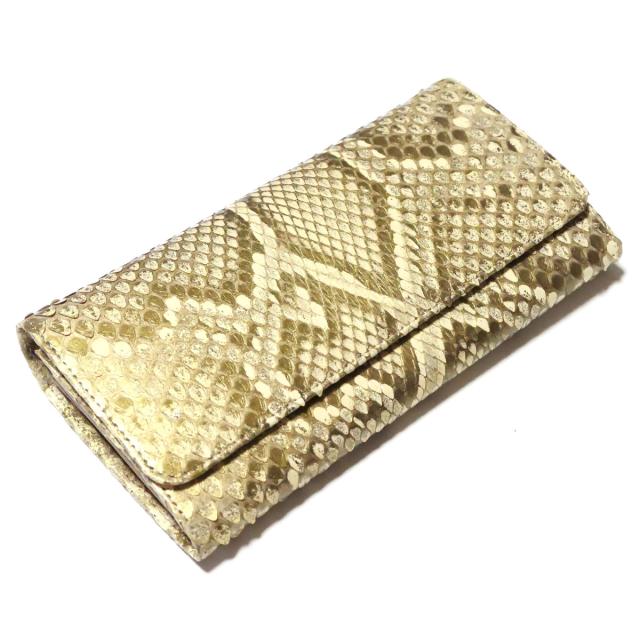 パイソン 財布 がま口 長財布 かぶせ型 / 本革 パイソン革 モラレスパイソン パール ゴールド