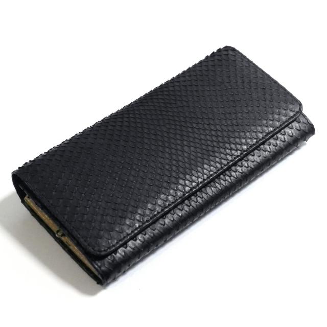 パイソン 財布 がま口 長財布 かぶせ型 / 本革 パイソン革 モラレスパイソン マット ブラック