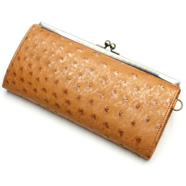 がま口 長財布 オーストリッチ 駝鳥革 レザー 長札 日本製 口金 ガマ口財布 サイフ レディース財布 キャメル