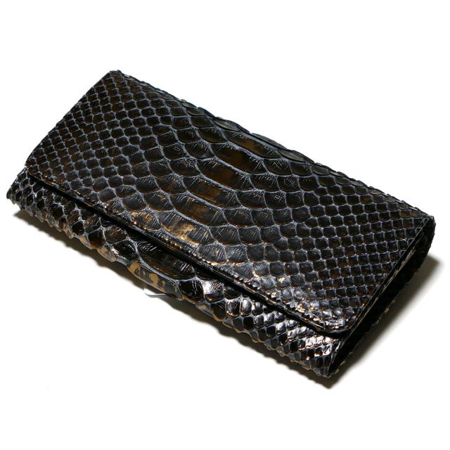 パイソン 財布 長財布 がま口 かぶせ レディース 本革 ヘビ革 ラスター チョコ 2