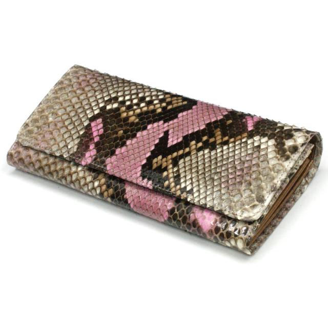 パイソン 財布 がま口 長財布 小銭入れあり レディース財布 パイソン革 蛇革 ヘビ革 財布 カード収納 ポケット収納 仕切り収納 大容量 レザー 長札 日本製 口金 ガマ口財布 サイフ 本革がま口 手染め グレージング ピンク