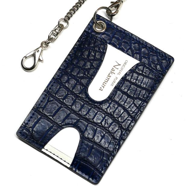 idカードホルダー カードケース 革 レザー クロコダイル革 ワニ革 パス入れ idカードケース 両面窓 ハトメ チェーン付 社員証 身分証明書 プレゼント 藍染 2