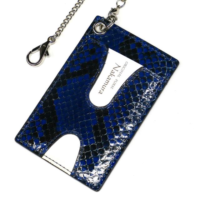 idカードホルダー カードケース 革 レザー 蛇革 パイソン ヘビ革 パス入れ idカードケース 両面窓 ハトメ チェーン付 社員証 身分証明書 藍染 艶 2