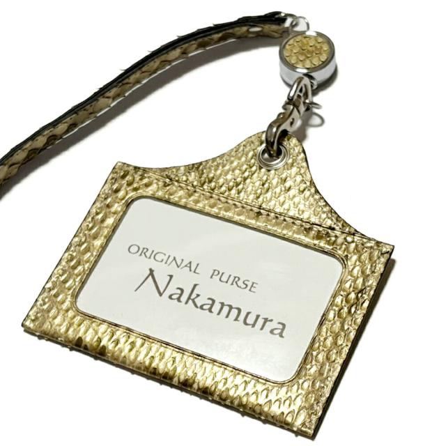 ID カードホルダー 両面クリア窓 伸縮リール ストラップ付 横型 パイソン ブロンズ ベージュ