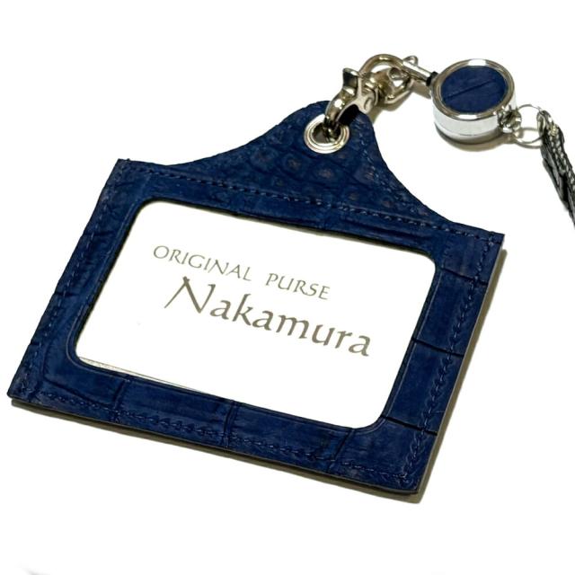 ID カードホルダー 両面クリア窓 伸縮リール ストラップ付 横型 クロコダイル ヌバック ブルー