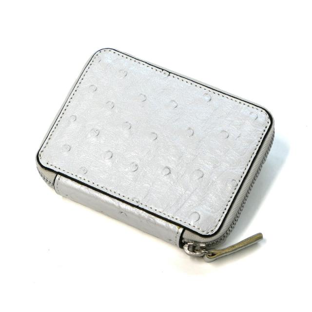 カードケース ラウンドファスナー 本革 オーストリッチ ダチョウ革 パール ホワイト じゃばら式 大容量 メンズ レディース スマート ICカード クレジット 名刺入れ ギフト プレゼント