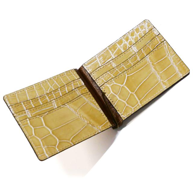 札ばさみ マネークリップ 薄型 本革 無双仕様 クロコダイル革 ワニ革 グレージング ベージュ ２