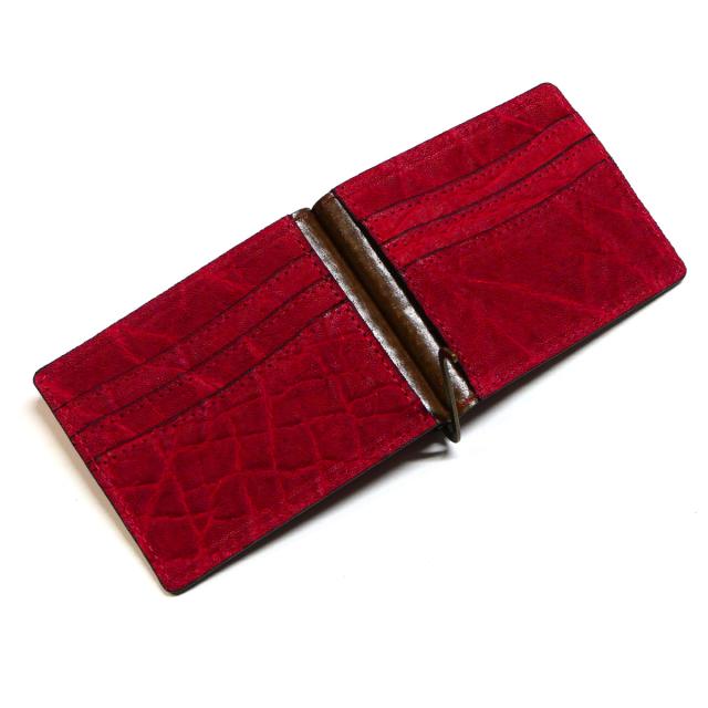 札ばさみ マネークリップ 薄型 本革 無双仕様 エレファントレザー 象革 ゾウ革 レッド 2