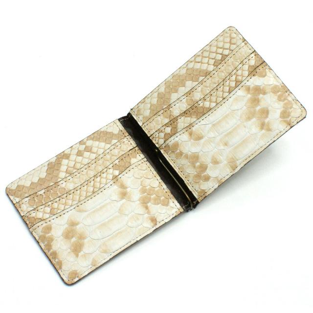 札ばさみ マネークリップ パイソン 財布 折り財布 サイフ さいふ メンズ レディース 薄型 蛇革 パイソン革 ヘビ革 無双仕様 カード収納 ハーフブリーチベージュ