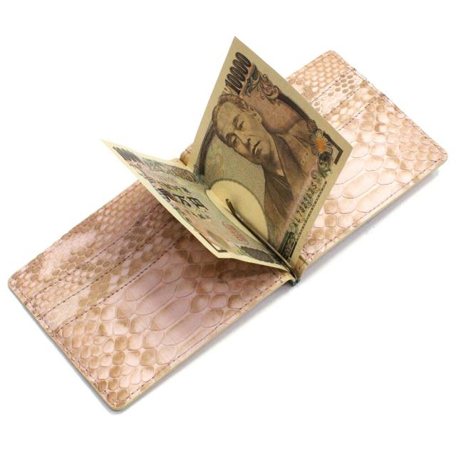 札ばさみ マネークリップ パイソン 財布 折り財布 サイフ さいふ メンズ レディース 薄型 蛇革 パイソン革 ヘビ革 無双仕様 カード収納 ハーフブリーチ ピンク