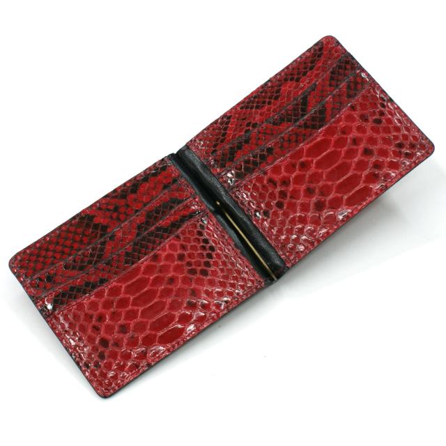 札ばさみ マネークリップ パイソン 財布 折り財布 サイフ さいふ メンズ レディース 薄型 蛇革 パイソン革 ヘビ革 無双仕様 カード収納 ナチュラル レッド