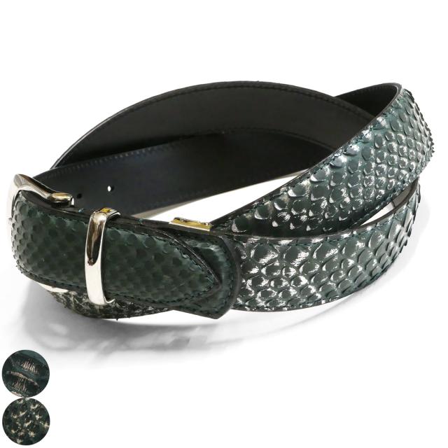 ベルト メンズ 本革 / 3.5cm幅 / パイソン 牛革 / ダイヤモンドパイソン リーフグリーン シルバー 全２種 / バックカット・フロントカット