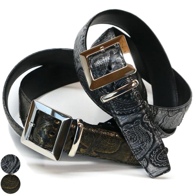 ベルト レザーベルト 4cm幅 スクエアー 四角 バックル パイソン革 ヘビ革 ダイヤモンドパイソン ペイズリー柄