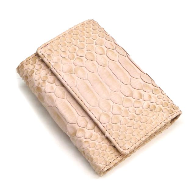財布 小銭入れなし 折り財布 蛇革財布 札入れ メンズ レディース 本革 パイソン革 蛇革 ヘビ革 ダイヤモンドパイソン革 ハーフブリーチ ピンク