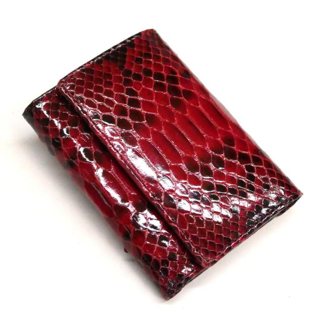 財布 小銭入れなし 折り財布 蛇革財布 札入れ メンズ レディース 本革 パイソン革 蛇革 ヘビ革 ダイヤモンドパイソン革 グレージング レッド