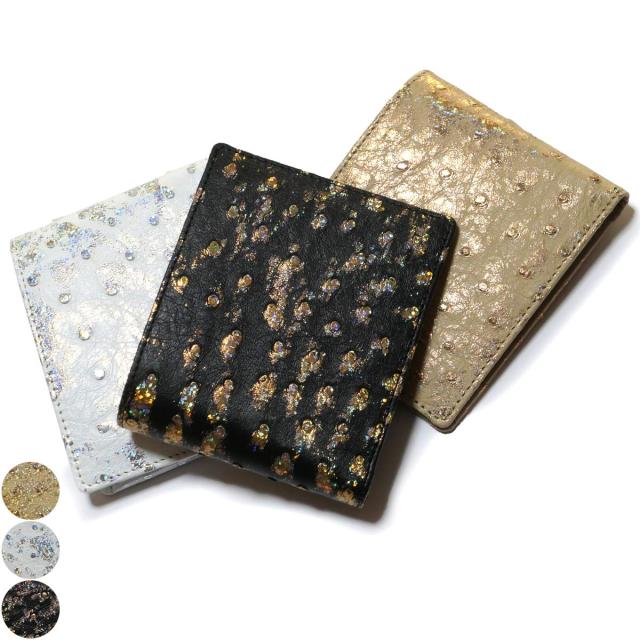 二つ折り財布 折り財布 小銭入れなし 本革 駝鳥革 オーストリッチ革 カラット 全3色 ベージュ/ホワイト/ブラック