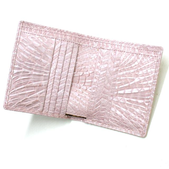 蛇革財布 財布 二つ折り財布 折り財布 無双仕様 小銭入れ無し カード収納 メンズ財布 パイソン革 蛇革 サイフ さいふ 札入れ 本革財布 日本製 ウェーブ風型押し仕上げ ピンク