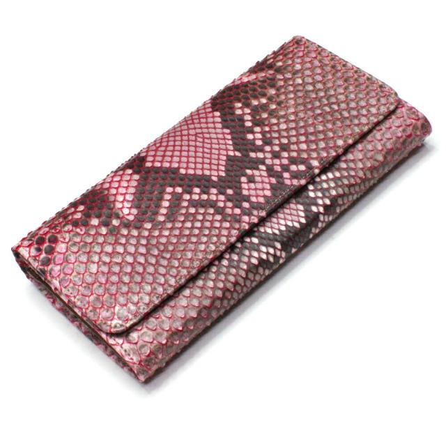 長財布 パイソン 財布 万能タイプ 小銭入れあり 本革 パイソン革 蛇革 ヘビ革 カード収納 ポケット収納 仕切り収納 大容量 長札 レザー財布 本革長財布 日本製 フロントカット シンホニー ピンク