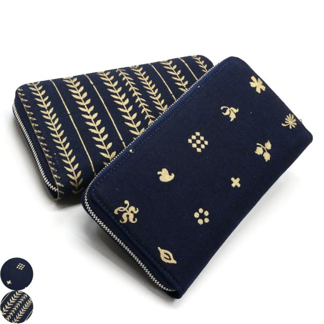 ラウンドファスナー長財布 ファスナー長財布 / 刺子織生地 牛革 / 小島屋 藍染生地 ゴールドプリント使用  全２色 植物小紋/葉っぱと線