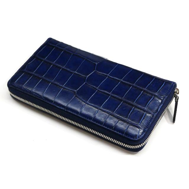 ラウンドファスナー長財布 ファスナー財布 本革 ワニ革 鰐革 クロコダイル革  藍染