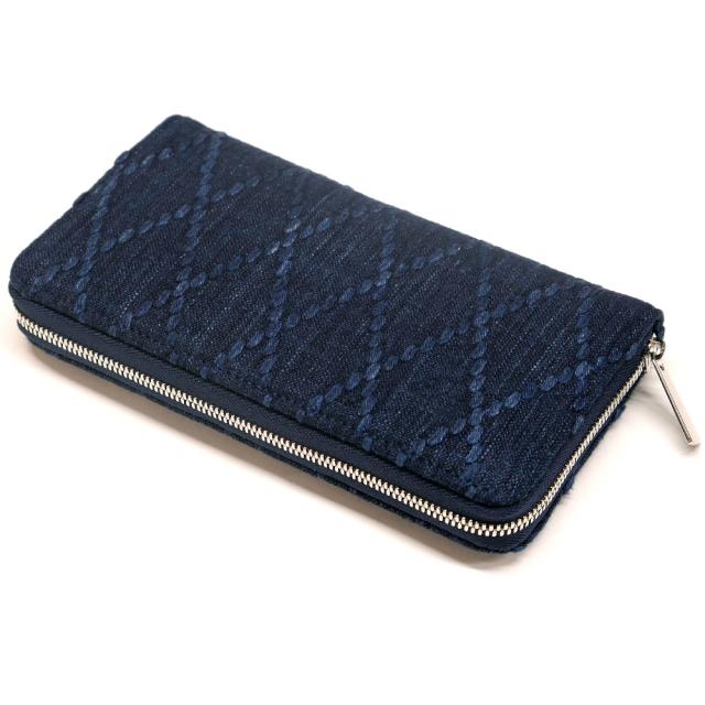 藍染長財布 ラウンドファスナー 織物 武州正藍染 二重刺子 1 青