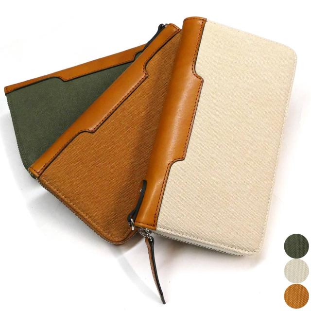 ラウンドファスナー長財布 ファスナー財布 ラウンド財布 ストラップ付き 見開きタイプ 本革 牛革 帆布 倉敷帆布使用 無地タイプB