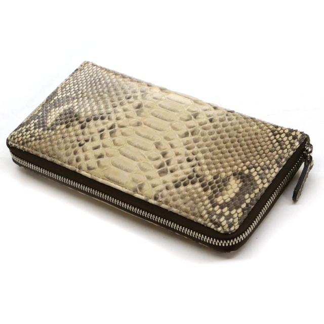 パイソン革長財布 蛇革 ラウンドファスナー マットベージュ