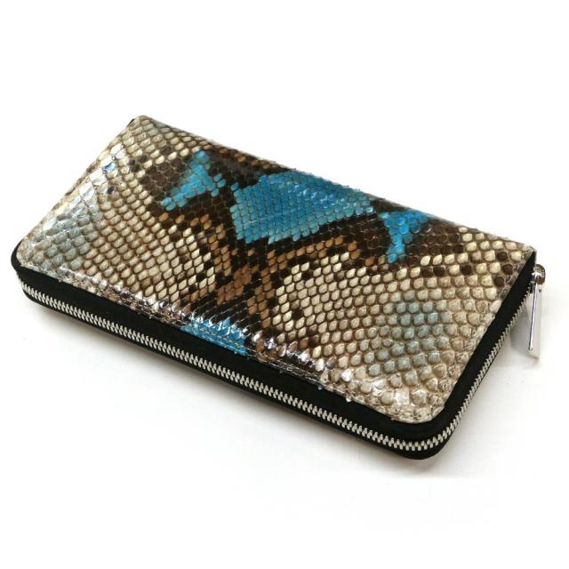 ラウンドファスナー長財布 ファスナー財布 本革 パイソン革 蛇革 ヘビ革 ダイヤモンドパイソン 手染め ブルー (P08)