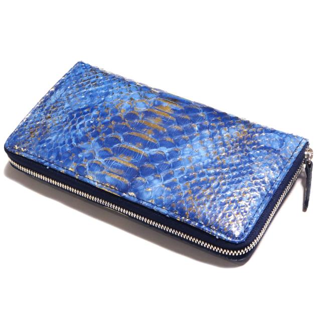 藍染ラウンドファスナー長財布 蛇革 パイソン 財布 リーフ絞り染めゴールド
