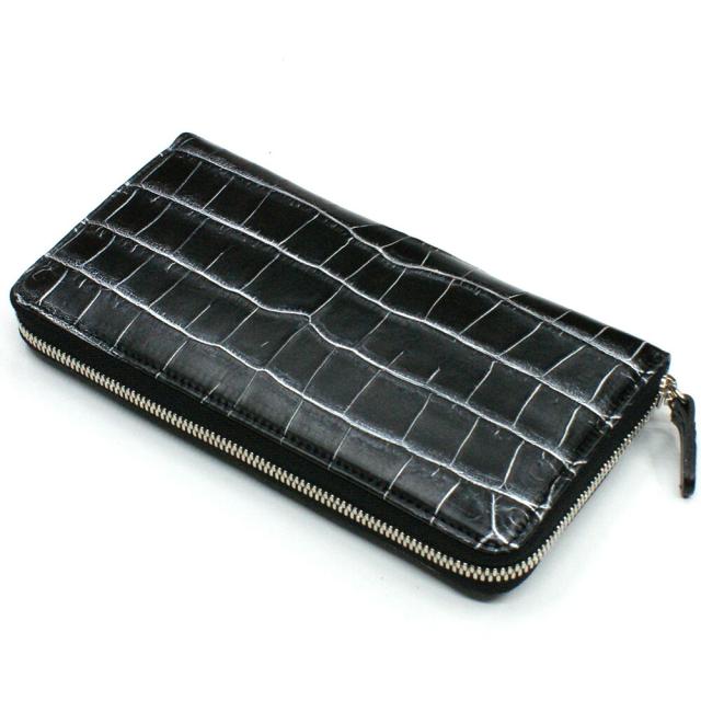 クロコダイル長財布 ラウンドファスナータイプ  バリバー シルバー