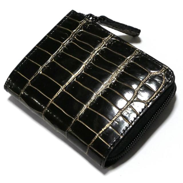 L字ファスナー財布 メンズ レディース マチ付き 小銭入れあり カード収納 コンパクト 本革 クロコダイル グレージング バリバー ブラックゴールド