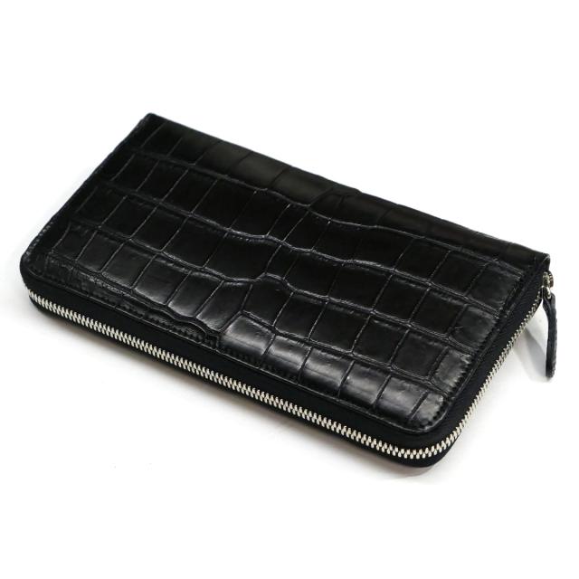 長財布 ラウンドファスナー メンズ レディース 財布 サイフさいふ 長札 大容量 クロコダイル革 ワニ革 鰐革 本革 レザー 男女兼用 マット仕上げ ブラック