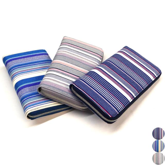 先染め 帆布 ラウンドファスナー長財布 ファスナー財布 本革使用 ストライプ柄