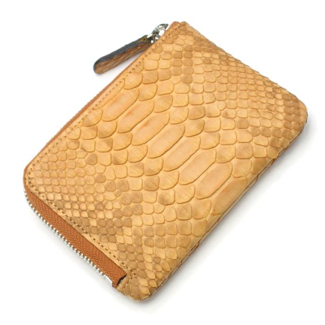 財布 L字 蛇革財布 ラウンドファスナー財布 札入れ レディース財布 メンズ財布 薄型 コンパクト パイソン 蛇革 ヘビ革 ハーフブリーチ オレンジ