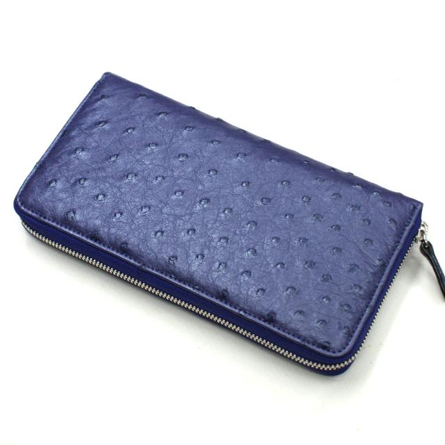 長財布 ラウンドファスナー メンズ レディース 財布 サイフさいふ 長札 大容量 オーストリッチ革 駝鳥革 本革 レザー 男女兼用 パープル