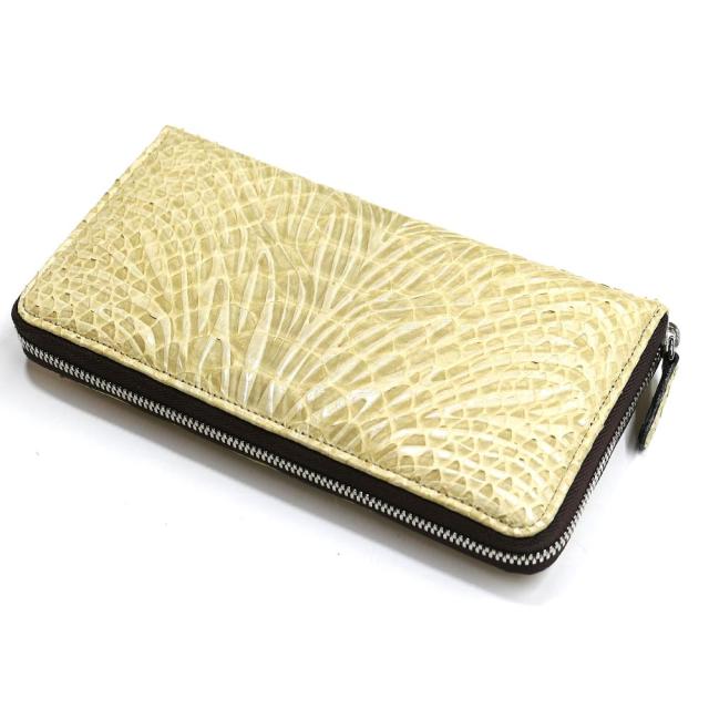 ラウンドファスナー長財布 小銭入れあり パイソン 財布 本革 ウェーブ風型押し仕上げ ベージュ